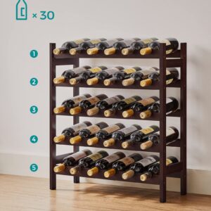 SONGMICS 30-Bottle Wine Rack, 5-Tier Freestanding Floor Bamboo Wine Holder, Display Stand Shelves, Wave Bars, Walnut Color UKWR025D01