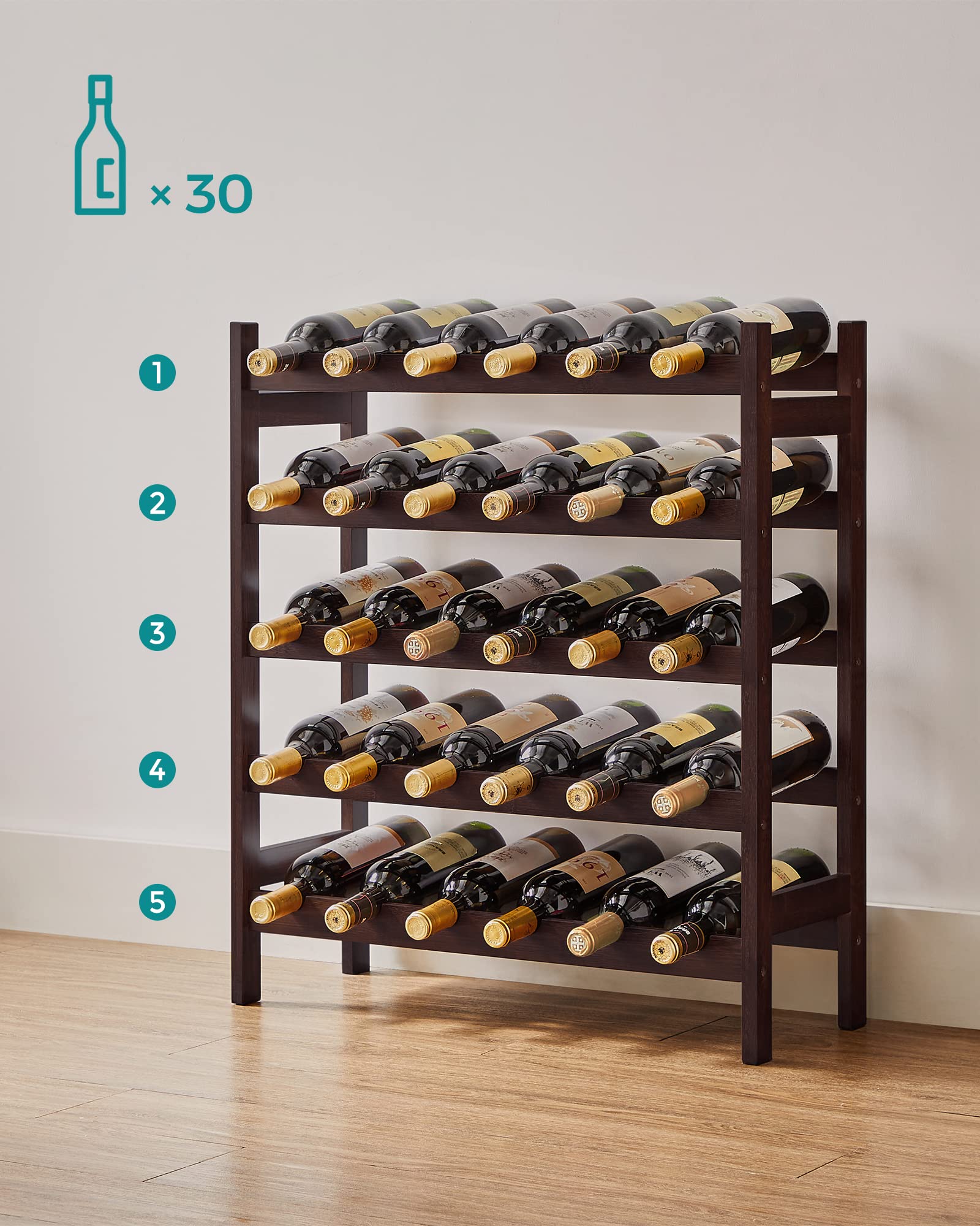 SONGMICS 30-Bottle Wine Rack, 5-Tier Freestanding Floor Bamboo Wine Holder, Display Stand Shelves, Wave Bars, Walnut Color UKWR025D01