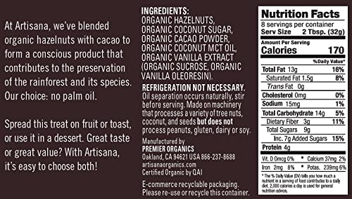 Artisana Organics Hazelnut Cacao Spread, 9.5 oz | No Palm Oil, Sweetened with Coconut Sugar