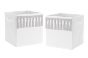 sweet jojo designs boho bohemian foldable fabric storage cube bins boxes organizer toys kids baby childrens - set of 2 - grey white farmhouse shabby chic designer modern minimalist gray tassel neutral