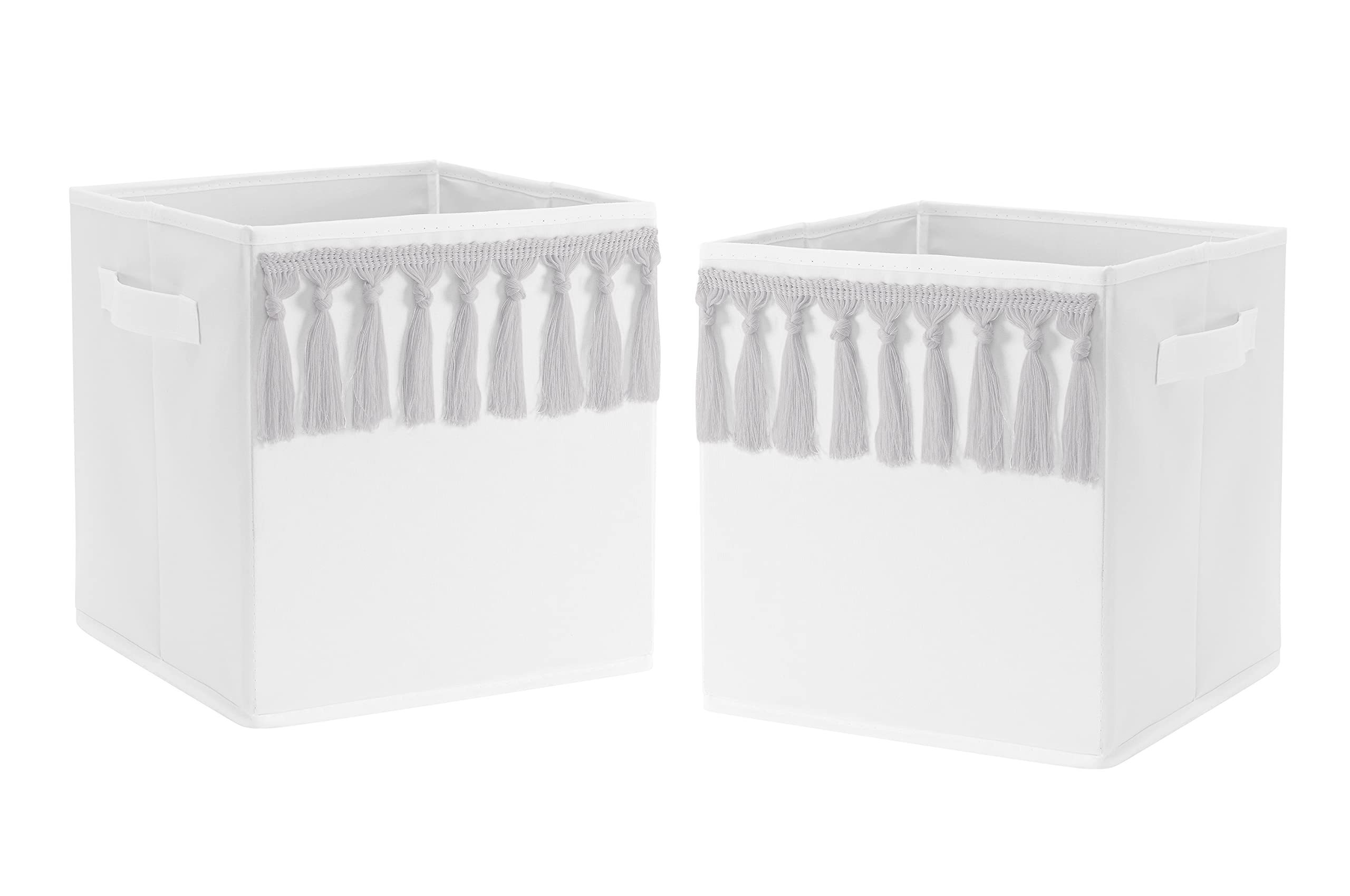 Sweet Jojo Designs Boho Bohemian Foldable Fabric Storage Cube Bins Boxes Organizer Toys Kids Baby Childrens - Set of 2 - Grey White Farmhouse Shabby Chic Designer Modern Minimalist Gray Tassel Neutral