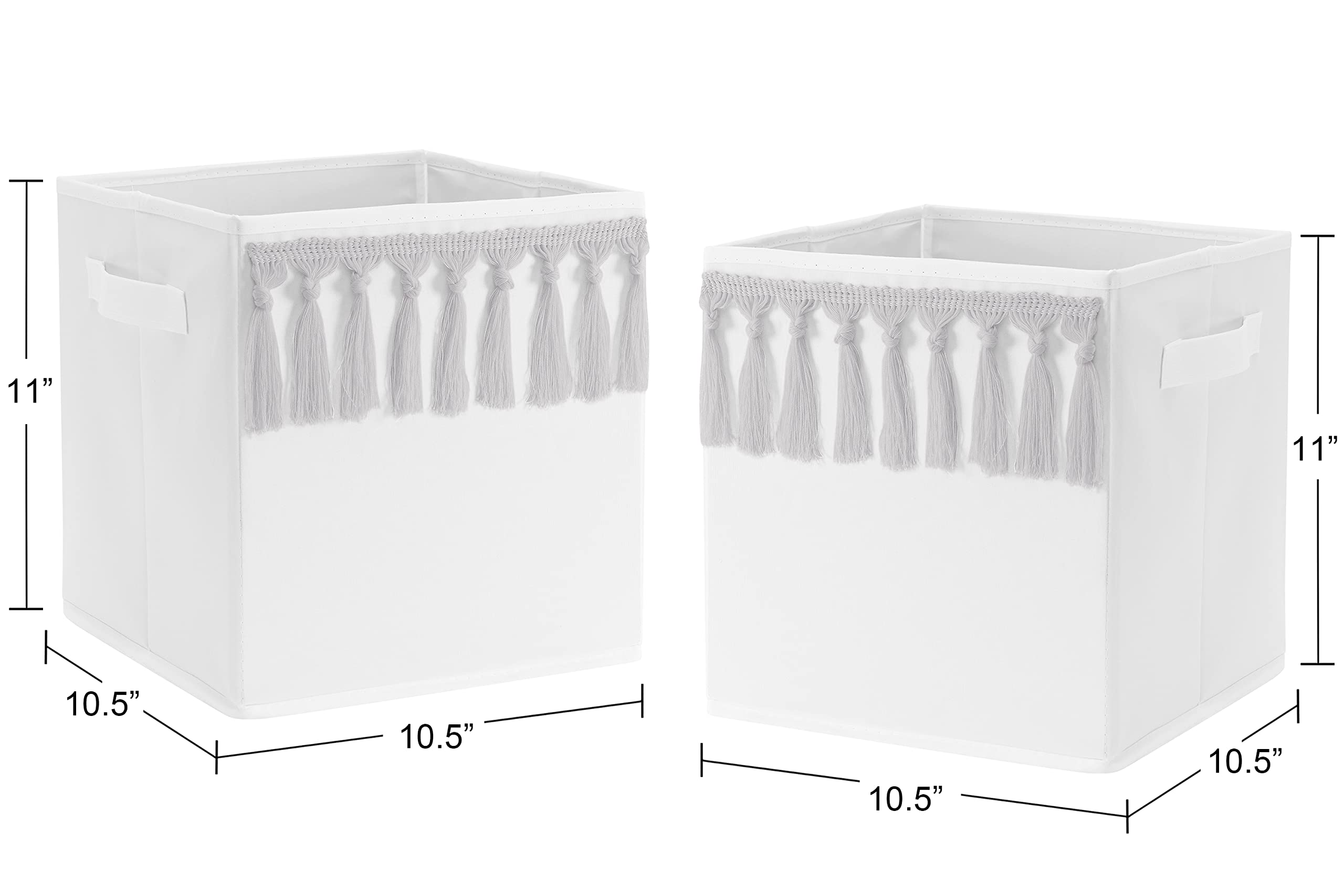 Sweet Jojo Designs Boho Bohemian Foldable Fabric Storage Cube Bins Boxes Organizer Toys Kids Baby Childrens - Set of 2 - Grey White Farmhouse Shabby Chic Designer Modern Minimalist Gray Tassel Neutral