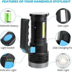 Wrrozz LED Flashlight High Lumens - USB Rechargeable Flashlight for Camping, Hiking, Walking - Powerful Emergency Flashlight with 4 Modes for Outdoor Use - Bright Flashlight with Sidelight Lantern