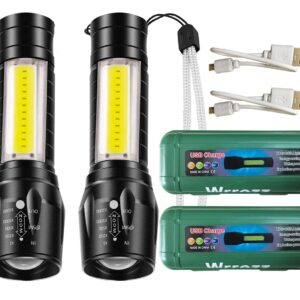 Wrrozz Led Flashlight Rechargeable USB Torch Mini Small Light Super Bright Handheld Tiny Portable Pocket Flash Light with COB Side Searchlight High Lumens Zoomable Emergency Camping Accessories 2 Pack