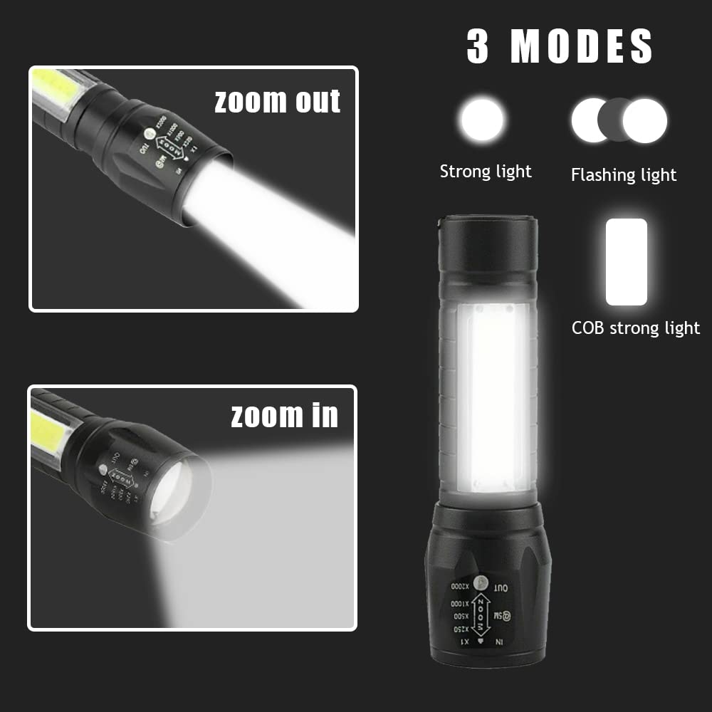 Wrrozz Led Flashlight Rechargeable USB Torch Mini Small Light Super Bright Handheld Tiny Portable Pocket Flash Light with COB Side Searchlight High Lumens Zoomable Emergency Camping Accessories 2 Pack