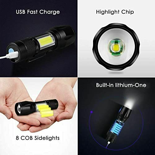 Wrrozz Led Flashlight Rechargeable USB Torch Mini Small Light Super Bright Handheld Tiny Portable Pocket Flash Light with COB Side Searchlight High Lumens Zoomable Emergency Camping Accessories 2 Pack