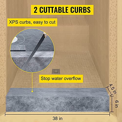 VEVOR Shower Curb Kit, 38"x60" ABS Watertight Shower Curb Overlay with 4" ABS Offset Bonding Flange, 4" Stainless Steel Grate and Trowel, Cuttable Shower Curb, Shower Pan Fit for Bathroom