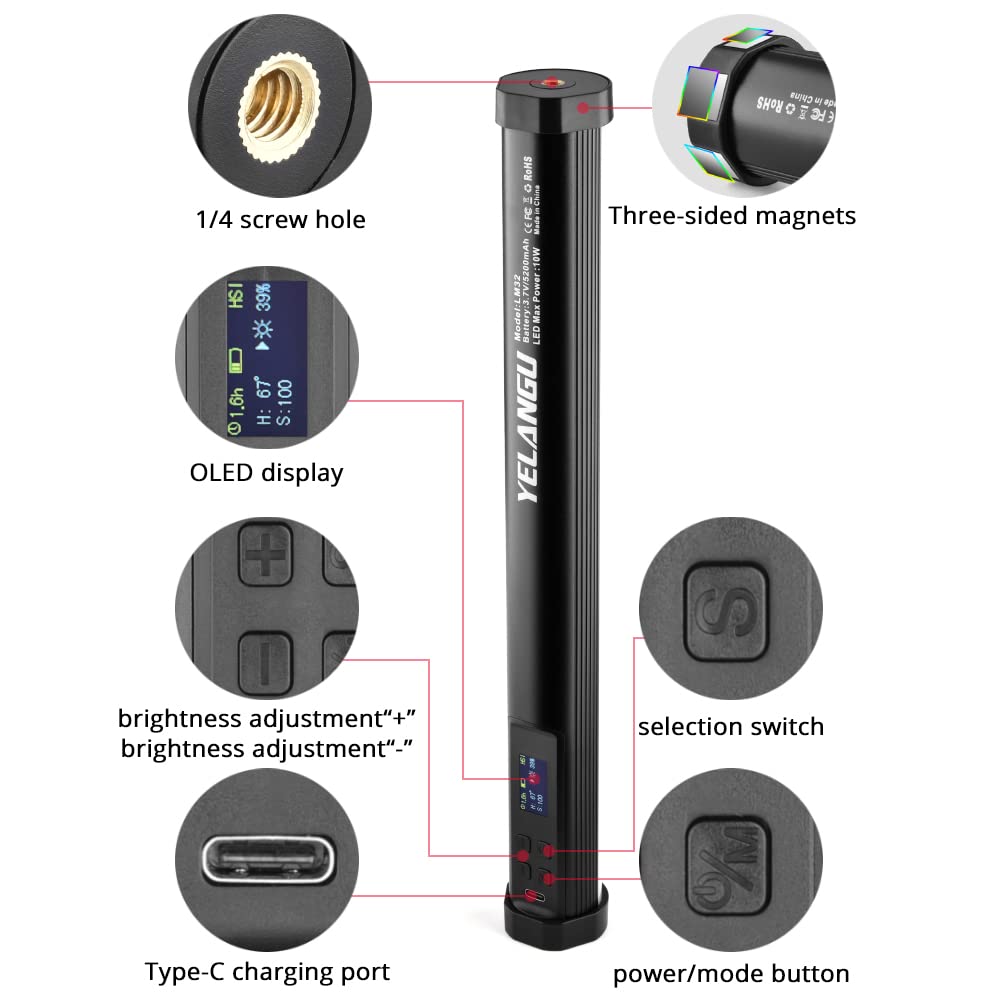 YELANGU LED Light Wand | RGB Light Stick for Photography | 21 RGB Effects, Rechargeable,2-12 Hours Battery Life | Portable & Easy Assembly | Ideal for Photography and Creative Lighting