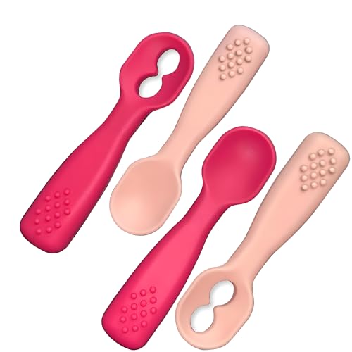 Silicone Baby Spoon Set | Baby Spoons Self Feeding 6 Months | BPA Free Baby Led Weaning Spoons Stage 1 & 2 for Kids 6+ Months | Silicone Baby Feeding Spoon Set - 4 Spoons, Dark/Light Pink