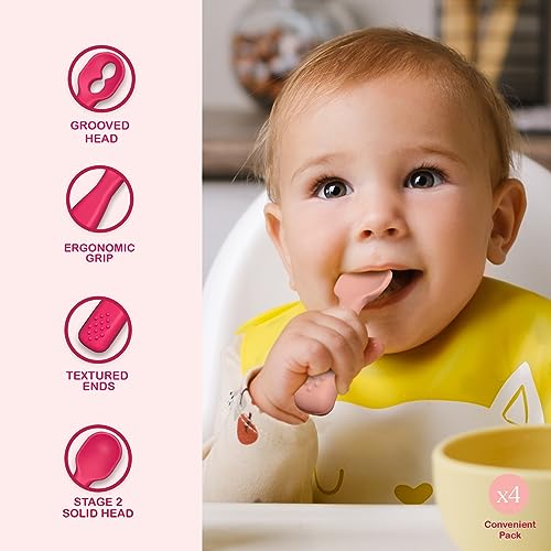 Silicone Baby Spoon Set | Baby Spoons Self Feeding 6 Months | BPA Free Baby Led Weaning Spoons Stage 1 & 2 for Kids 6+ Months | Silicone Baby Feeding Spoon Set - 4 Spoons, Dark/Light Pink