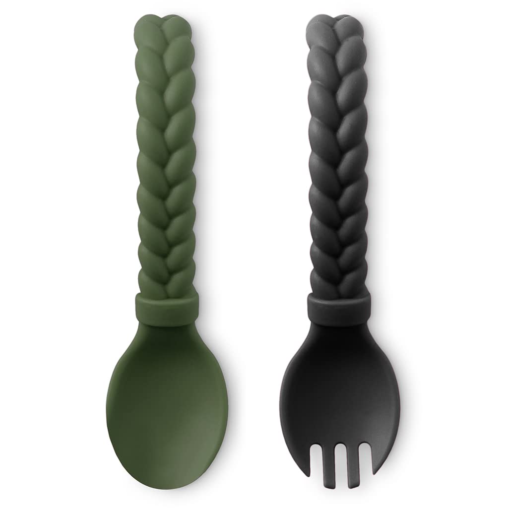 Itzy Ritzy Silicone Spoon & Fork Set; Baby Utensil Set Features A Fork and Spoon with Looped, Braided Handles; Made of 100% Food Grade Silicone & BPA-Free; Ages 6 Months and Up, Camo/Midnight