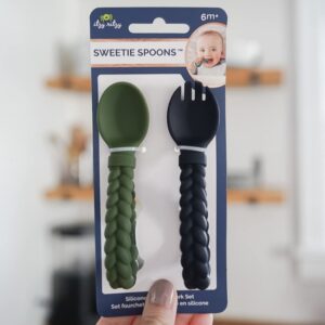 Itzy Ritzy Silicone Spoon & Fork Set; Baby Utensil Set Features A Fork and Spoon with Looped, Braided Handles; Made of 100% Food Grade Silicone & BPA-Free; Ages 6 Months and Up, Camo/Midnight