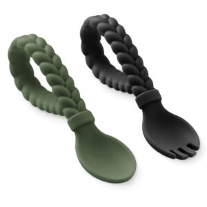 Itzy Ritzy Silicone Spoon & Fork Set; Baby Utensil Set Features A Fork and Spoon with Looped, Braided Handles; Made of 100% Food Grade Silicone & BPA-Free; Ages 6 Months and Up, Camo/Midnight