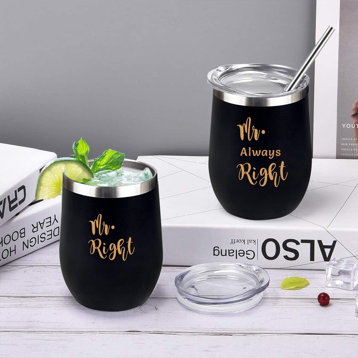 Mr and Mr Wine Tumbler Set, Gay Couple Gifts for Men, Engagement Wedding Anniversary House Warming LGBT Gift Idea - Pride Couple, Mr Always Right (black)