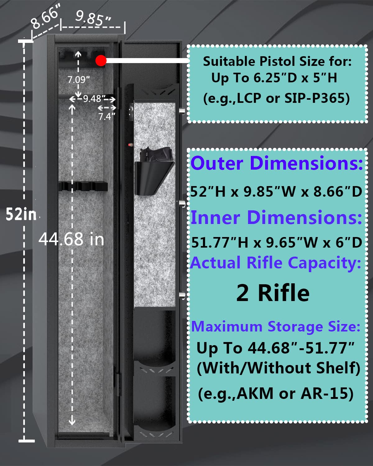 KAER Gun Safes Rifle Digital Quick Access Firearm Safe with 180-Degree Full Access Door and Removable Shelf for 2 Home Rifles with Pistols Rack