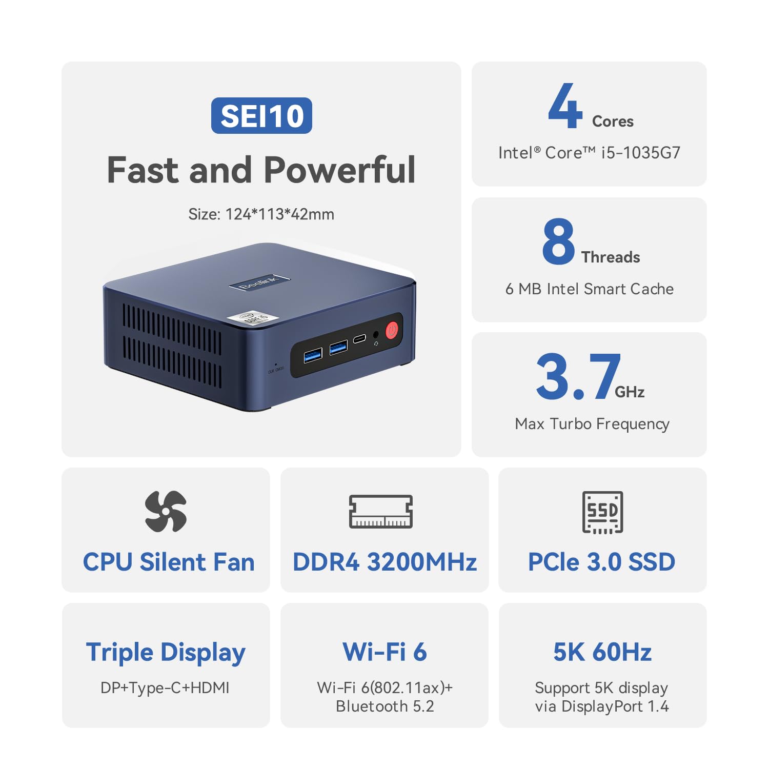 Beelink SEI10 Mini PC with Intel I5-1035G7 Turbo 3.7GHz 6M Cache 4C/8T 16GB DDR4 500GB SSD 4K Dual Display, WiFi 6, Bluetooth 5.2, Auto Power On, Wake On LAN