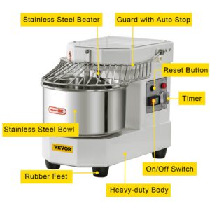 VEVOR Commercial Food Mixer, 8.5Qt Capacity, 450W Dual Rotating Dough Kneading Machine with Food-grade Stainless Steel Bowl, Security Shield & Timer Included, Baking Equipment for Restaurant Pizzeria