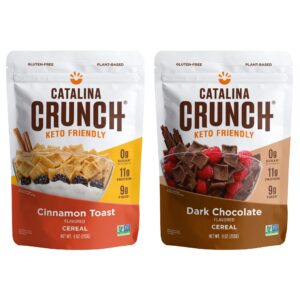 catalina crunch cereal variety pack, cinnamon toast & dark chocolate (2 flavors) | low carb, zero sugar, gluten & grain free, fiber | vegan snacks, protein snacks | breakfast protein cereal | keto friendly