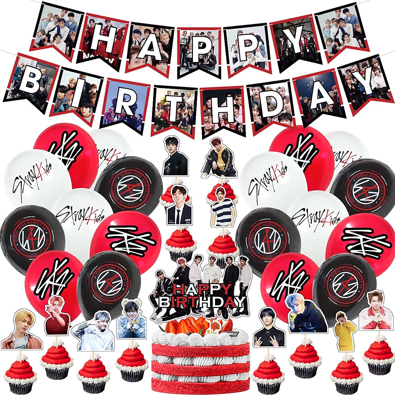 STRAY-KIDS Birthday Party Supplies,STRAY-KIDS Birthday Decorations Gift Set - STRAY-KIDS Banner,18PCS Balloons,Cake Toppers,21PCS Cupcake Toppers Perfect for Boys and Girls(Red)