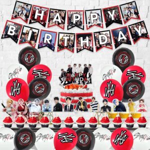 STRAY-KIDS Birthday Party Supplies,STRAY-KIDS Birthday Decorations Gift Set - STRAY-KIDS Banner,18PCS Balloons,Cake Toppers,21PCS Cupcake Toppers Perfect for Boys and Girls(Red)