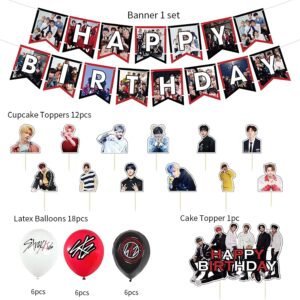 STRAY-KIDS Birthday Party Supplies,STRAY-KIDS Birthday Decorations Gift Set - STRAY-KIDS Banner,18PCS Balloons,Cake Toppers,21PCS Cupcake Toppers Perfect for Boys and Girls(Red)