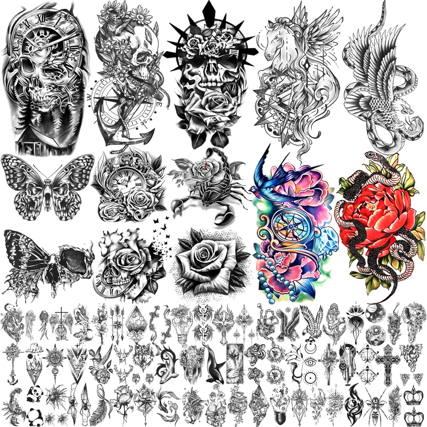 SOOVSY 70 Sheets Temporary Tattoos Adult, Snake Half Sleeve Tattoos for Men, Flower Fake Tattoos, Long Lasting Skull Tattoos Temporary Realistic with Eagle Insect for Women Girls