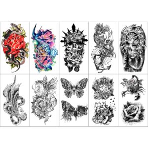 SOOVSY 70 Sheets Temporary Tattoos Adult, Snake Half Sleeve Tattoos for Men, Flower Fake Tattoos, Long Lasting Skull Tattoos Temporary Realistic with Eagle Insect for Women Girls