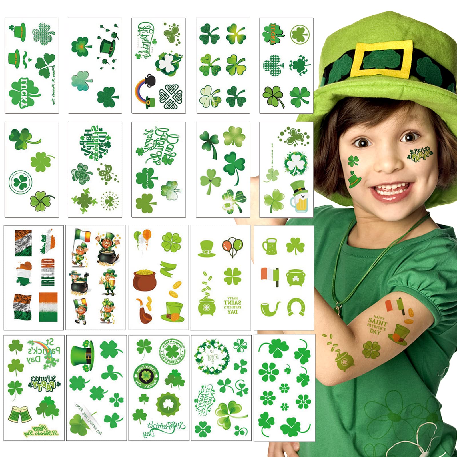 AOYOO St Patricks Day Tattoos, 20 Unique Sheets Shamrock Patterned Tattoos Sickers, St. Patrick's Day Face Tattoos for Kids, Irish Parade and Party Favors Decoration