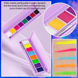 Mysense 16 Colors Water Activated Eyeliner Palette,Neon Face Paint,Fluorescent Bright Rainbow Colorful Body Paint Makeup,Matte and UV Blacklight Graphic Eyeliner,With Eyeliner Brush