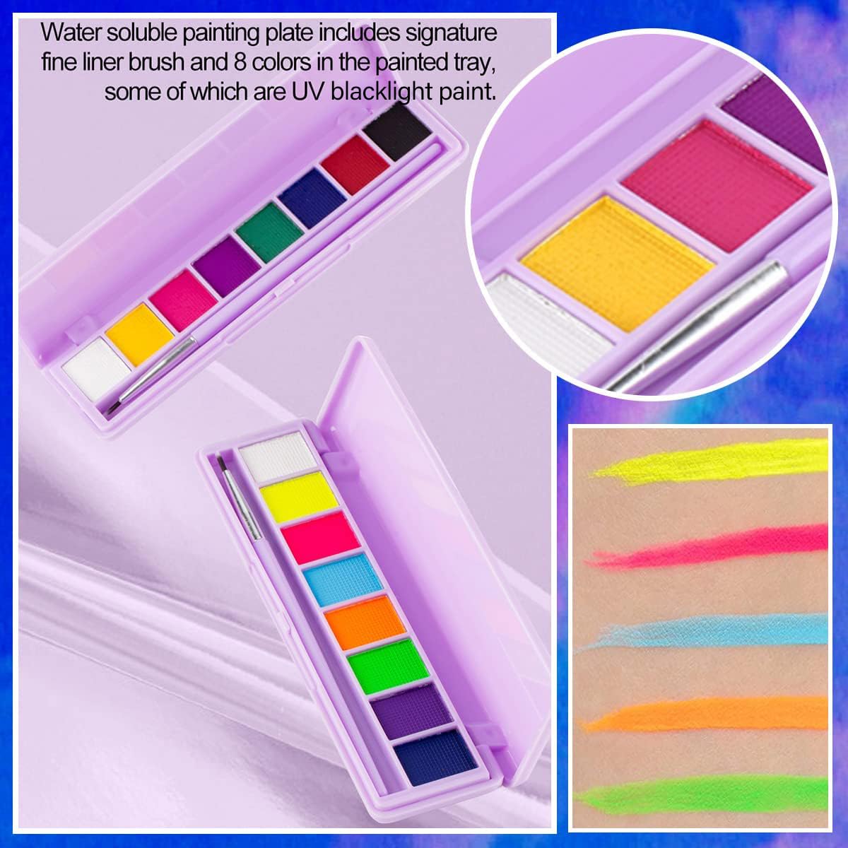 Mysense 16 Colors Water Activated Eyeliner Palette,Neon Face Paint,Fluorescent Bright Rainbow Colorful Body Paint Makeup,Matte and UV Blacklight Graphic Eyeliner,With Eyeliner Brush