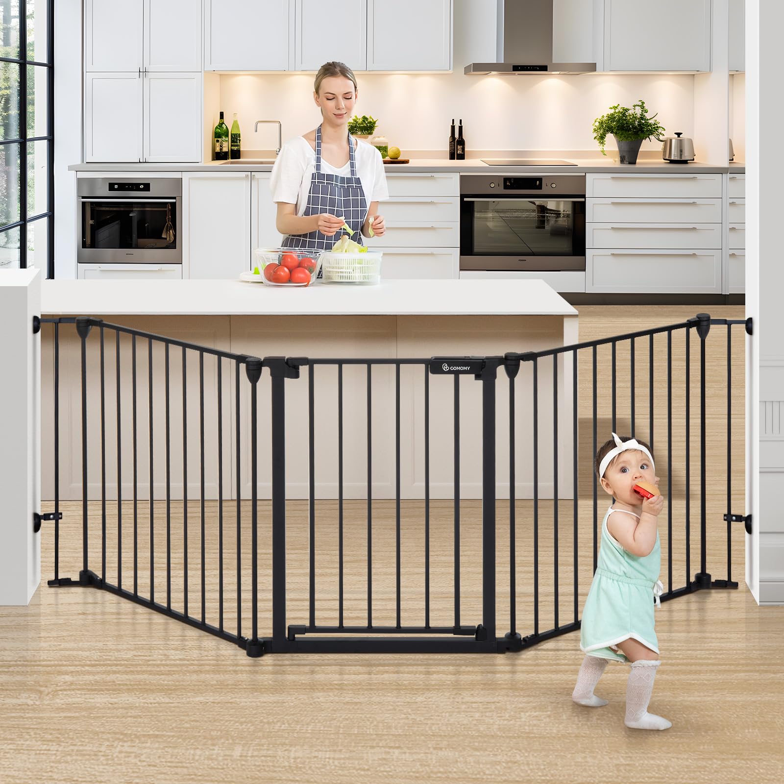 COMOMY 80" Extra Wide Baby Gate, Dog Gate for House Stairs Doorways Fireplace, Auto Close Pet Gate with Door Walk Through, 3 Metal Panels, Hardware Mounted Baby Fence Indoor Outdoor(30" Tall, Black)