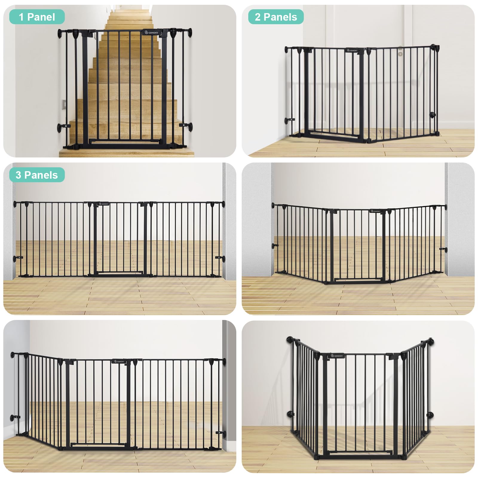 COMOMY 80" Extra Wide Baby Gate, Dog Gate for House Stairs Doorways Fireplace, Auto Close Pet Gate with Door Walk Through, 3 Metal Panels, Hardware Mounted Baby Fence Indoor Outdoor(30" Tall, Black)