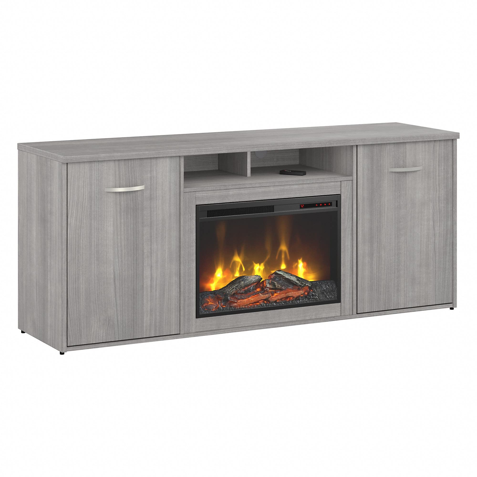 Bush Business Furniture BBF Conference Tables Office Storage Cabinet with Doors and Electric Fireplace, Platinum Gray