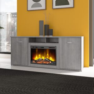 Bush Business Furniture BBF Conference Tables Office Storage Cabinet with Doors and Electric Fireplace, Platinum Gray