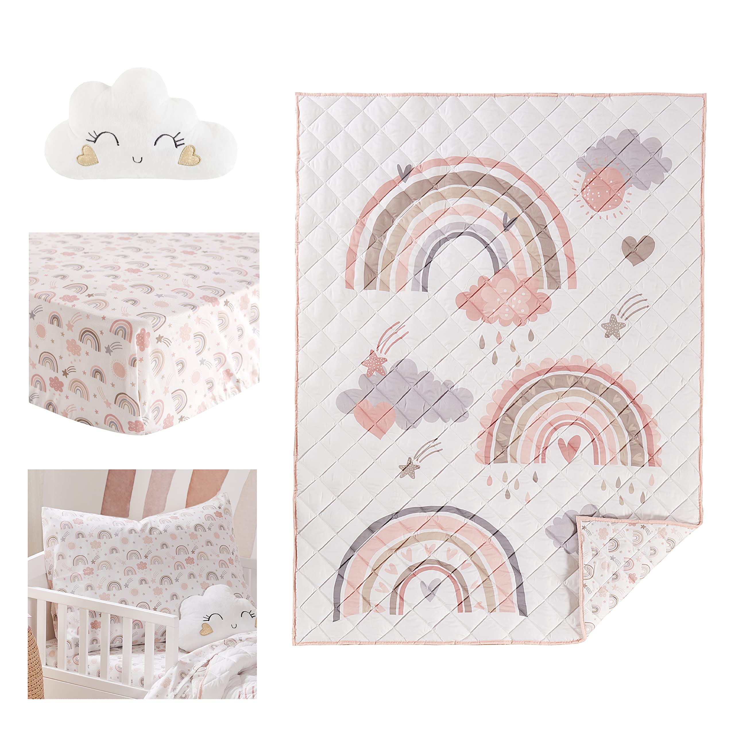 Levtex Baby - Rainbow Dreams Toddler Bed Set - Pink, Grey, Taupe, Tan and Coral - Rainbow Theme - 5 Piece Set - Quilt, Fitted Sheet, Flat Sheet, Pillow Case, Decorative Pilow