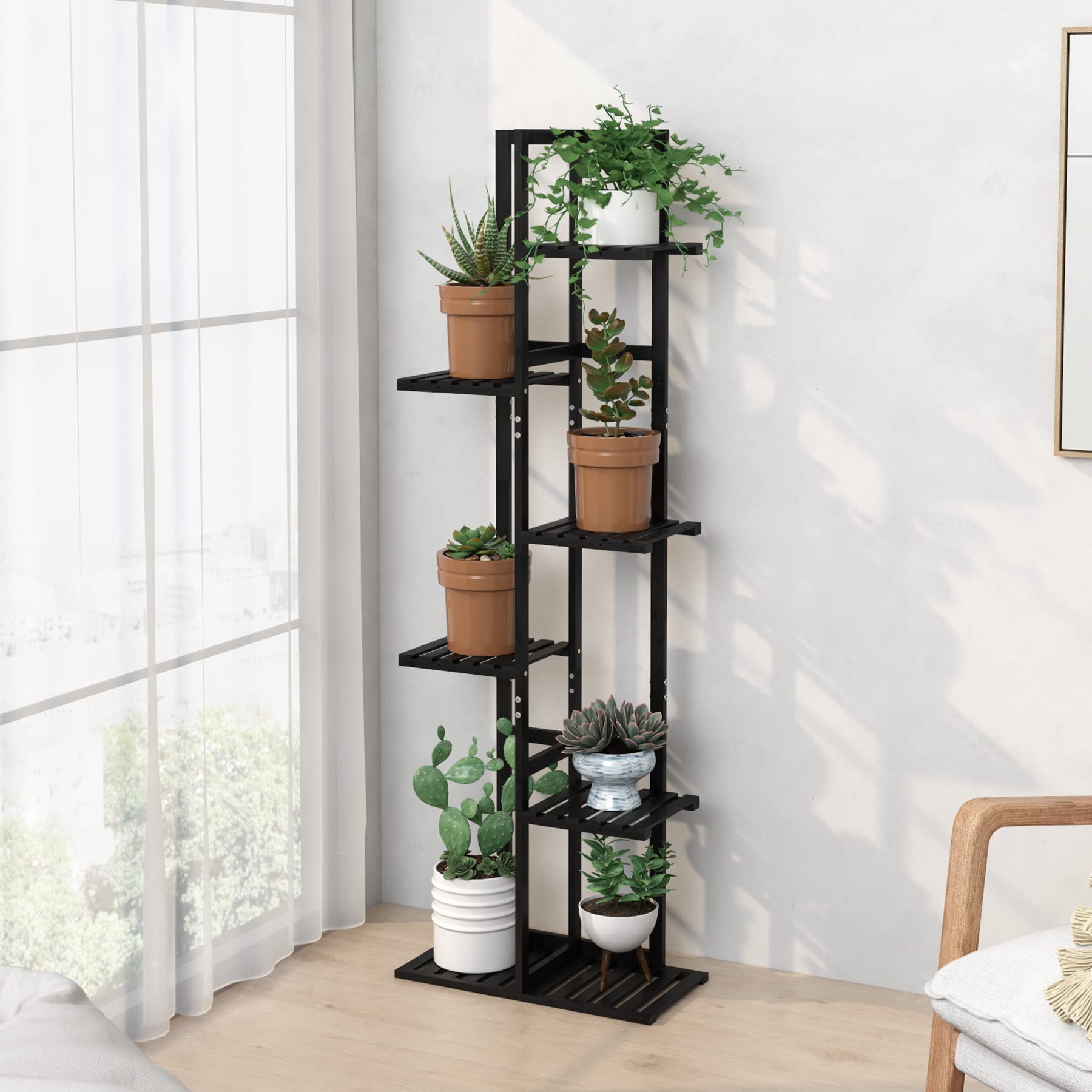 Laiensia Bamboo Plant Stand Rack 6 Tier,Multiple Stand Holder Shelf Rack, Indoor&Outdoor Planter Display Shelves for Patio Garden, Living Room, Corner Balcony and Bedroom,Black