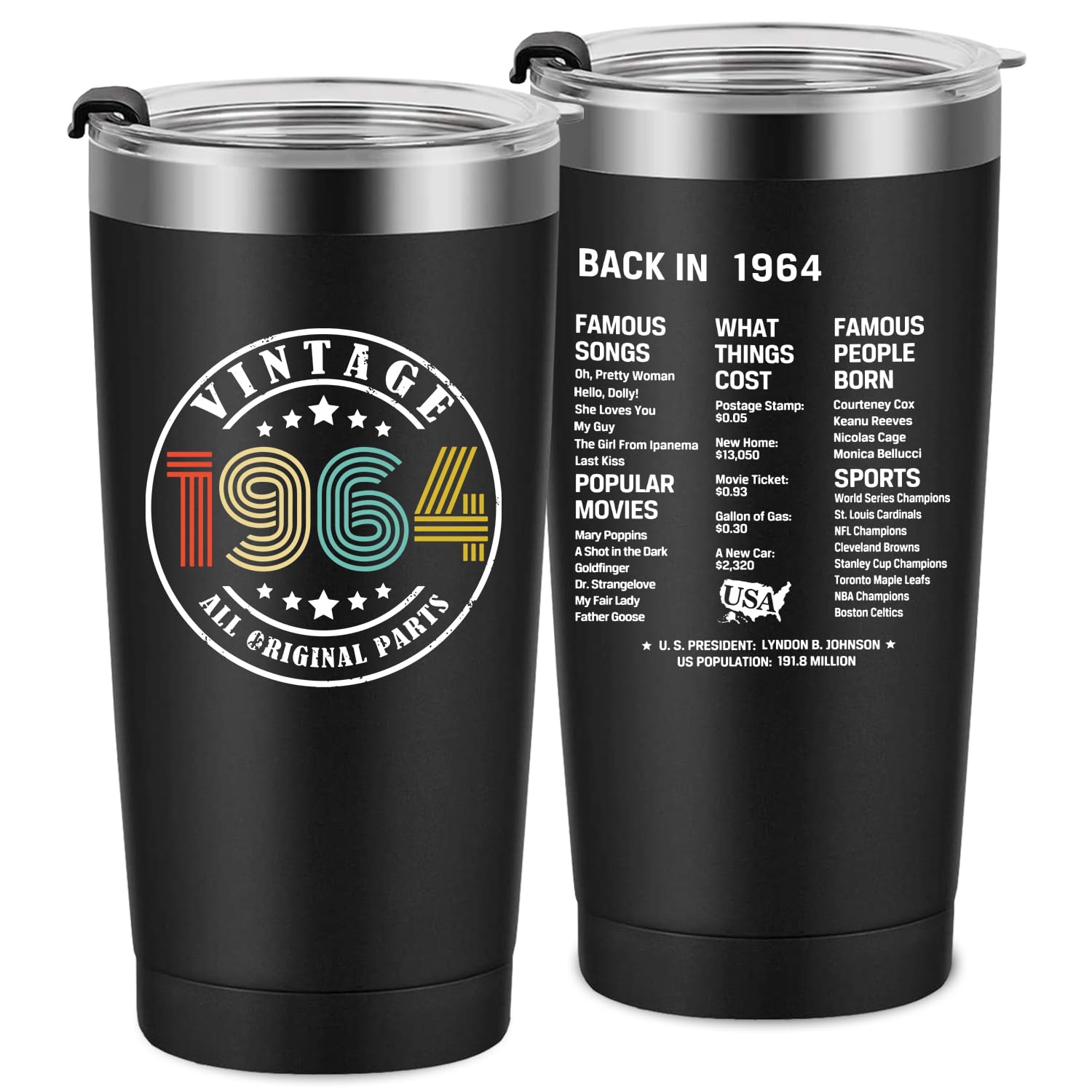 60th Birthday Gifts for Men Women Friends, Tumbler 20 oz Stainless Steel Vacuum Insulated Tumblers, Double Sided Printed Birthday Thermos cup, Back in 1964 Old Time Information - Black