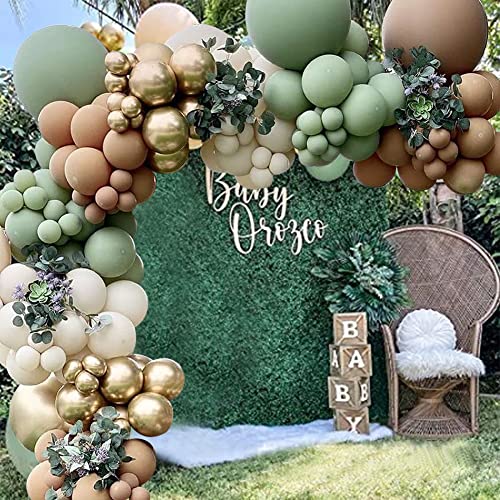 DUILE Sage Green Balloon Garland Arch Kit Jungle Safari Woodland Balloon Garland Arch Sage Green Brown Beige Gold Balloons for Baby Shower Wild One Safari Birthday Decorations