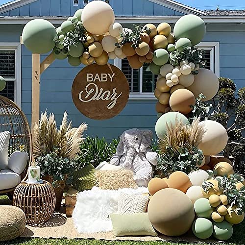 DUILE Sage Green Balloon Garland Arch Kit Jungle Safari Woodland Balloon Garland Arch Sage Green Brown Beige Gold Balloons for Baby Shower Wild One Safari Birthday Decorations