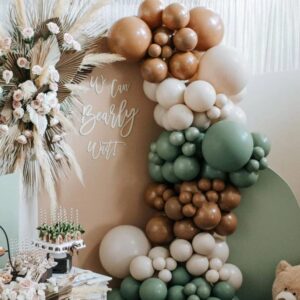 DUILE Sage Green Balloon Garland Arch Kit Jungle Safari Woodland Balloon Garland Arch Sage Green Brown Beige Gold Balloons for Baby Shower Wild One Safari Birthday Decorations