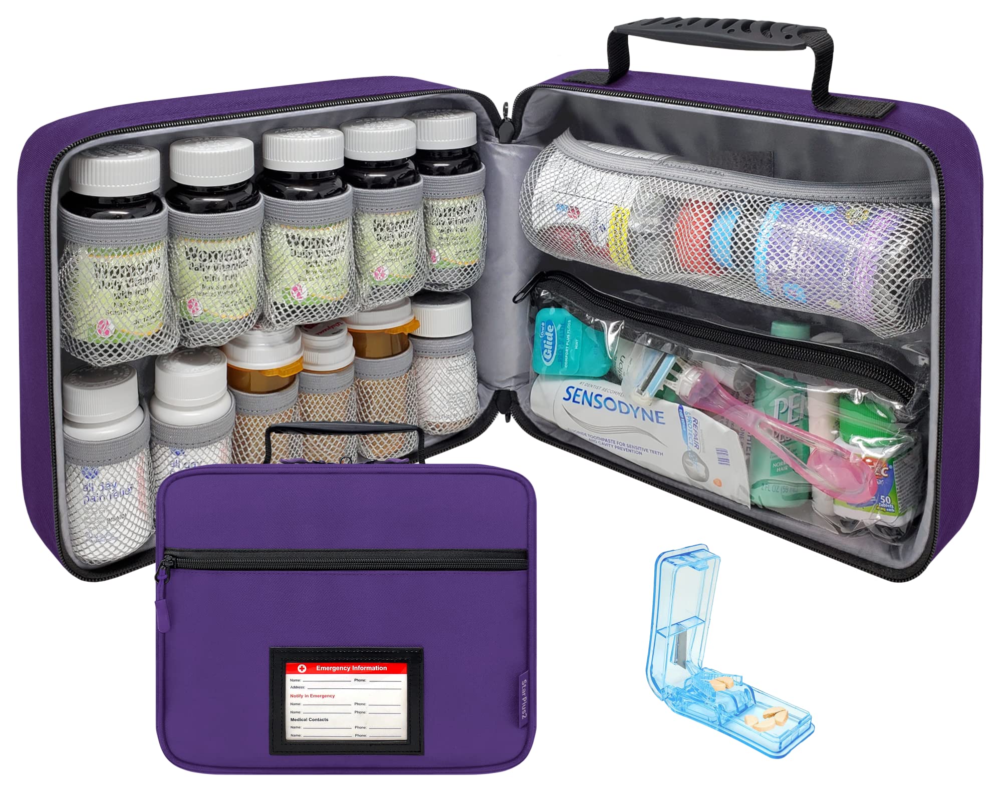 StarPlus2 Select Large Pill Bottle Organizer with Pill Cutter, Medicine Bag, Case, Carrier for Medications, Vitamins, and Medical Supplies with Fixed Pockets – for Home Storage and Travel - Purple