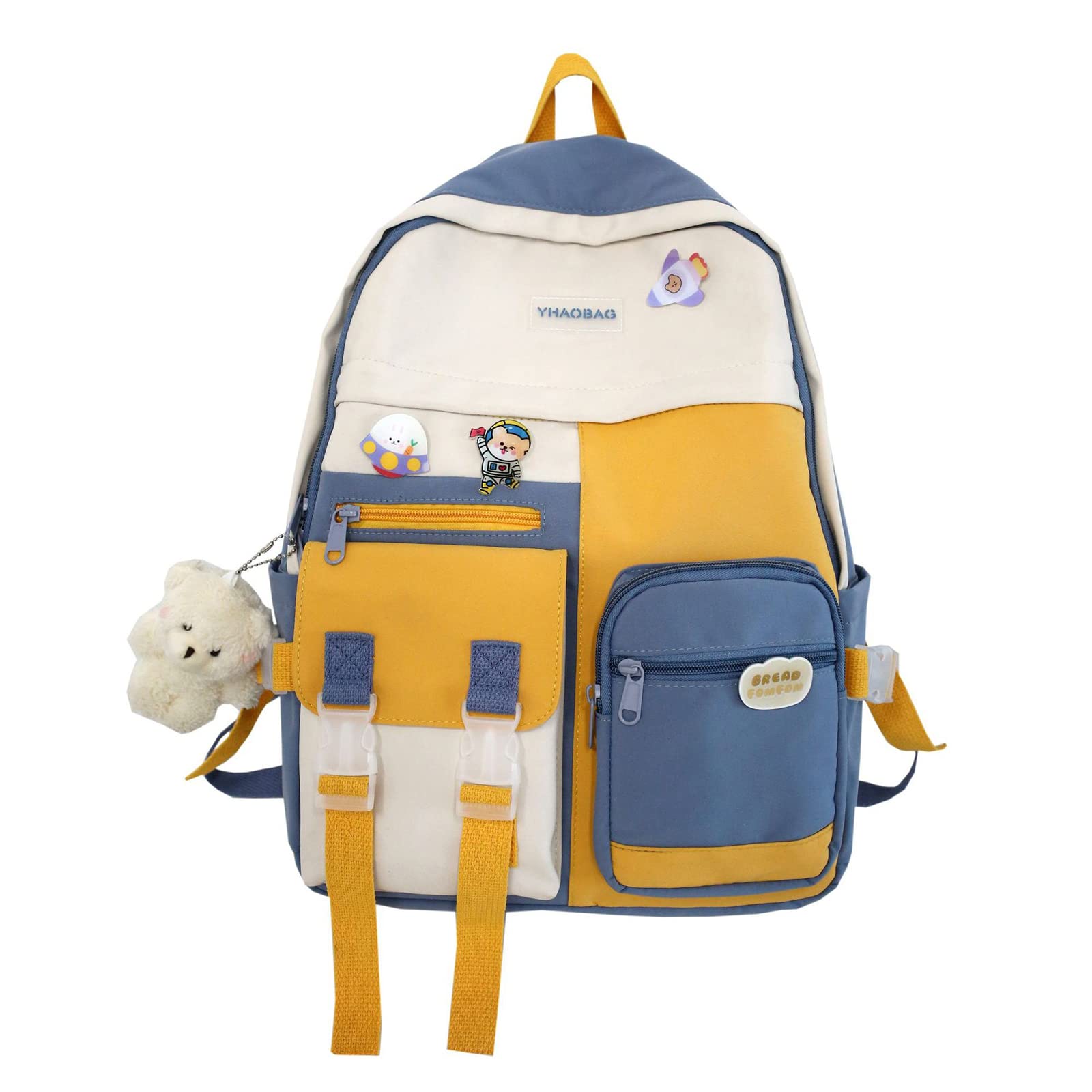 Moaneji 16" Cute Soft Canvas Hiking Backpack with Pins Aesthetic Back Pack Fashion Daypack with Hanging Bear Fancy Travel Shoulder Backpack Lightweight Travel Bag (Yellow And Blue)