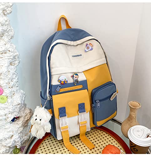 Moaneji 16" Cute Soft Canvas Hiking Backpack with Pins Aesthetic Back Pack Fashion Daypack with Hanging Bear Fancy Travel Shoulder Backpack Lightweight Travel Bag (Yellow And Blue)