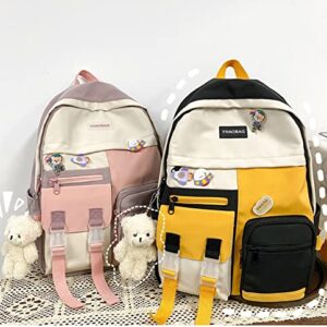 Moaneji 16" Cute Soft Canvas Hiking Backpack with Pins Aesthetic Back Pack Fashion Daypack with Hanging Bear Fancy Travel Shoulder Backpack Lightweight Travel Bag (Yellow And Blue)