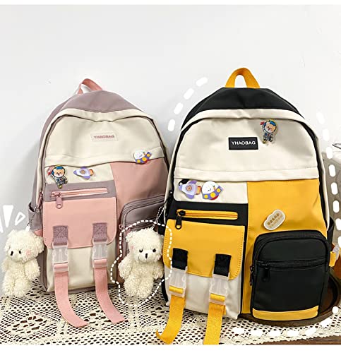 Moaneji 16" Cute Soft Canvas Hiking Backpack with Pins Aesthetic Back Pack Fashion Daypack with Hanging Bear Fancy Travel Shoulder Backpack Lightweight Travel Bag (Yellow And Blue)