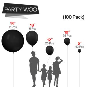 PartyWoo Black Balloons, 100 pcs Matte Black Balloons Different Sizes Pack of 36 Inch 18 Inch 12 Inch 10 Inch 5 Inch Black Balloons for Balloon Garland or Balloon Arch as Party Decorations, Black-Y18