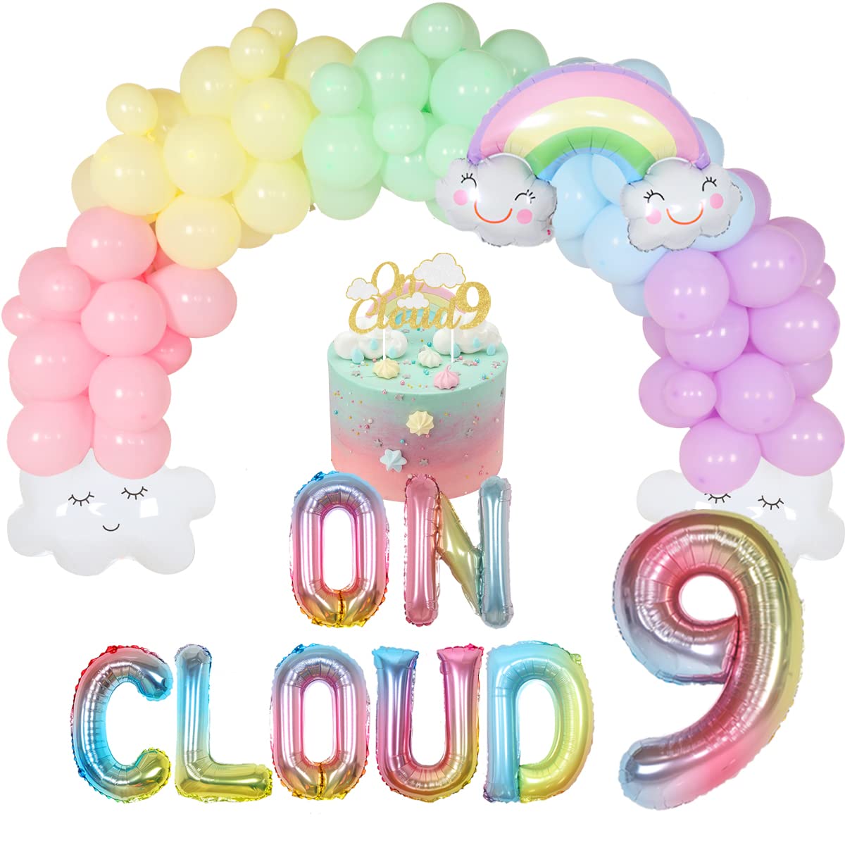 JOYMEMO On Cloud 9 Birthday Decorations for Girls Pastel Rainbow Balloon Garland Arch Kit On Cloud 9 Cake Topper/Balloon Banner for Sky Theme 9th Birthday Party Supplies