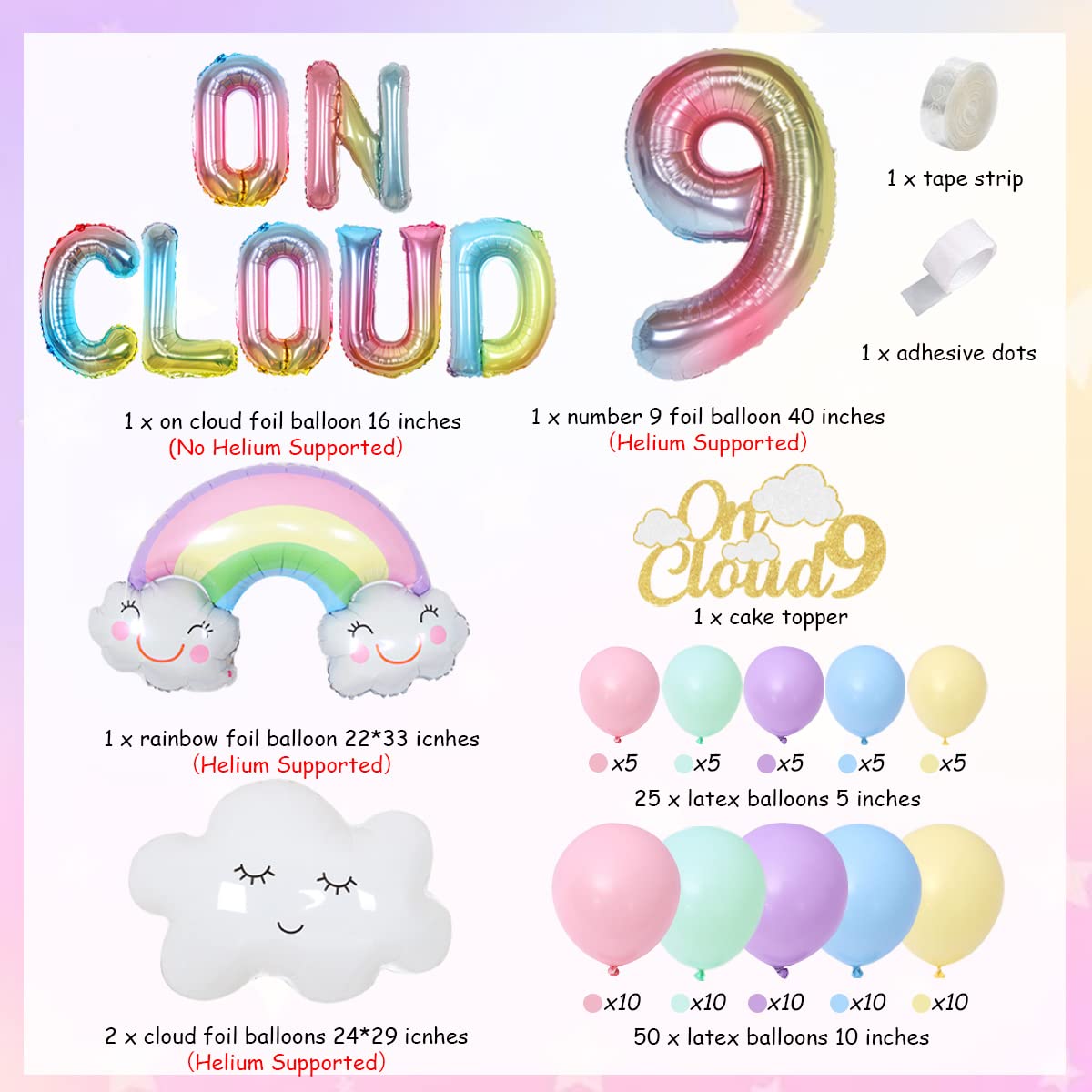 JOYMEMO On Cloud 9 Birthday Decorations for Girls Pastel Rainbow Balloon Garland Arch Kit On Cloud 9 Cake Topper/Balloon Banner for Sky Theme 9th Birthday Party Supplies