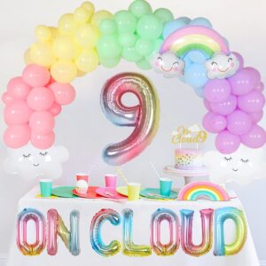 JOYMEMO On Cloud 9 Birthday Decorations for Girls Pastel Rainbow Balloon Garland Arch Kit On Cloud 9 Cake Topper/Balloon Banner for Sky Theme 9th Birthday Party Supplies