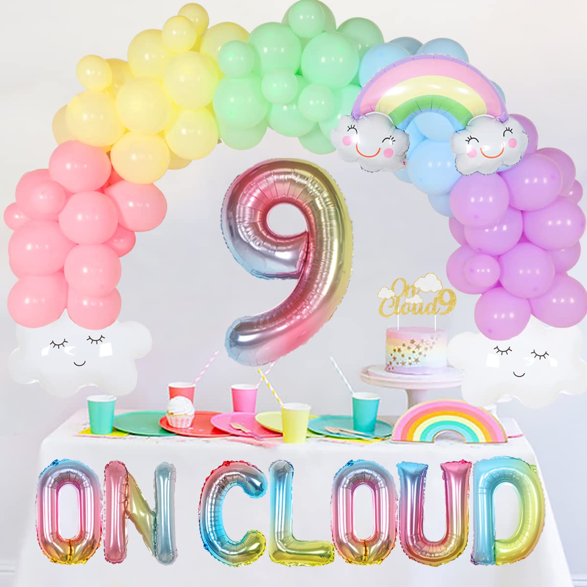 JOYMEMO On Cloud 9 Birthday Decorations for Girls Pastel Rainbow Balloon Garland Arch Kit On Cloud 9 Cake Topper/Balloon Banner for Sky Theme 9th Birthday Party Supplies